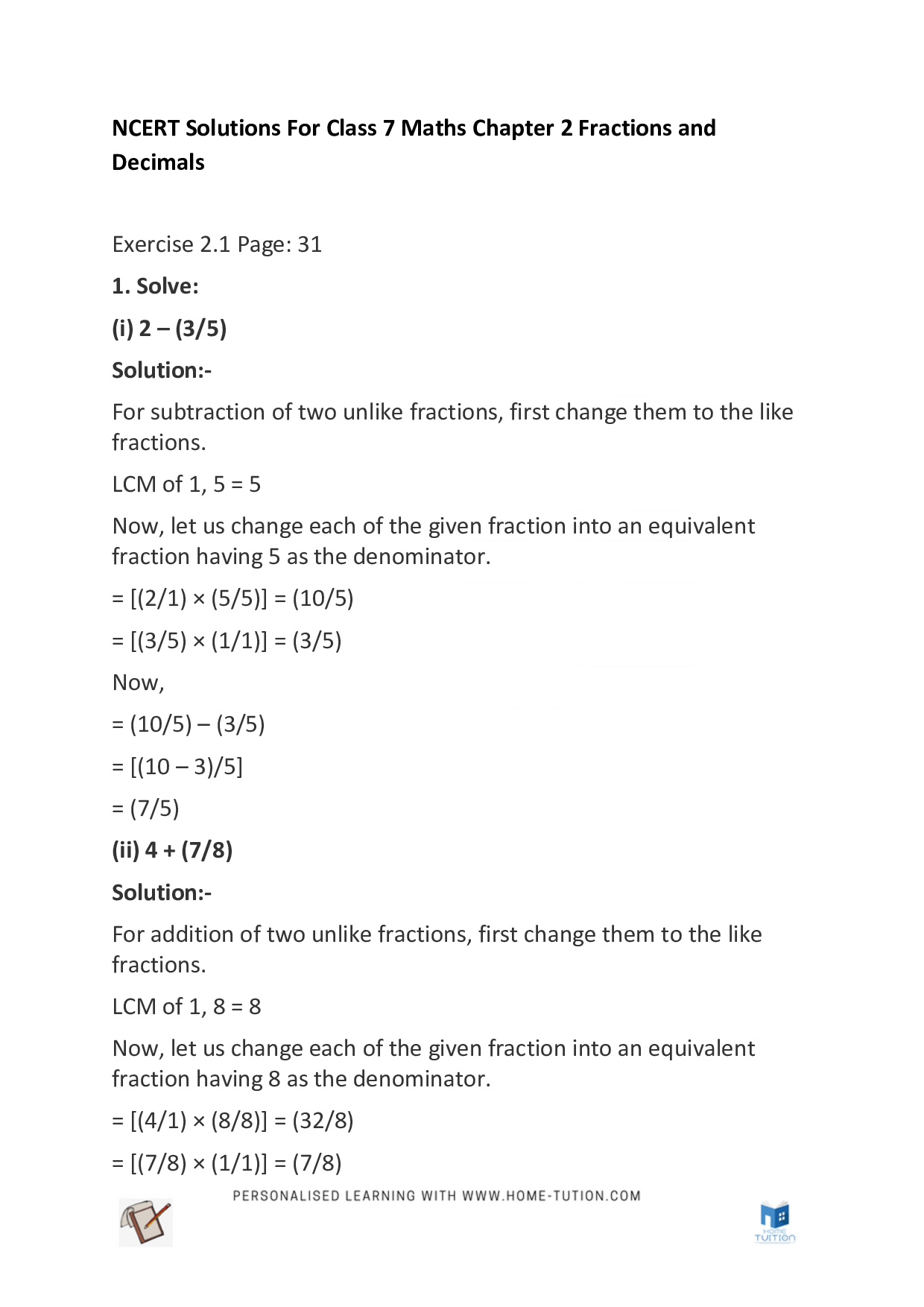 NCERT Solutions For Class 7 Maths Chapter 2 Fractions And Decimals