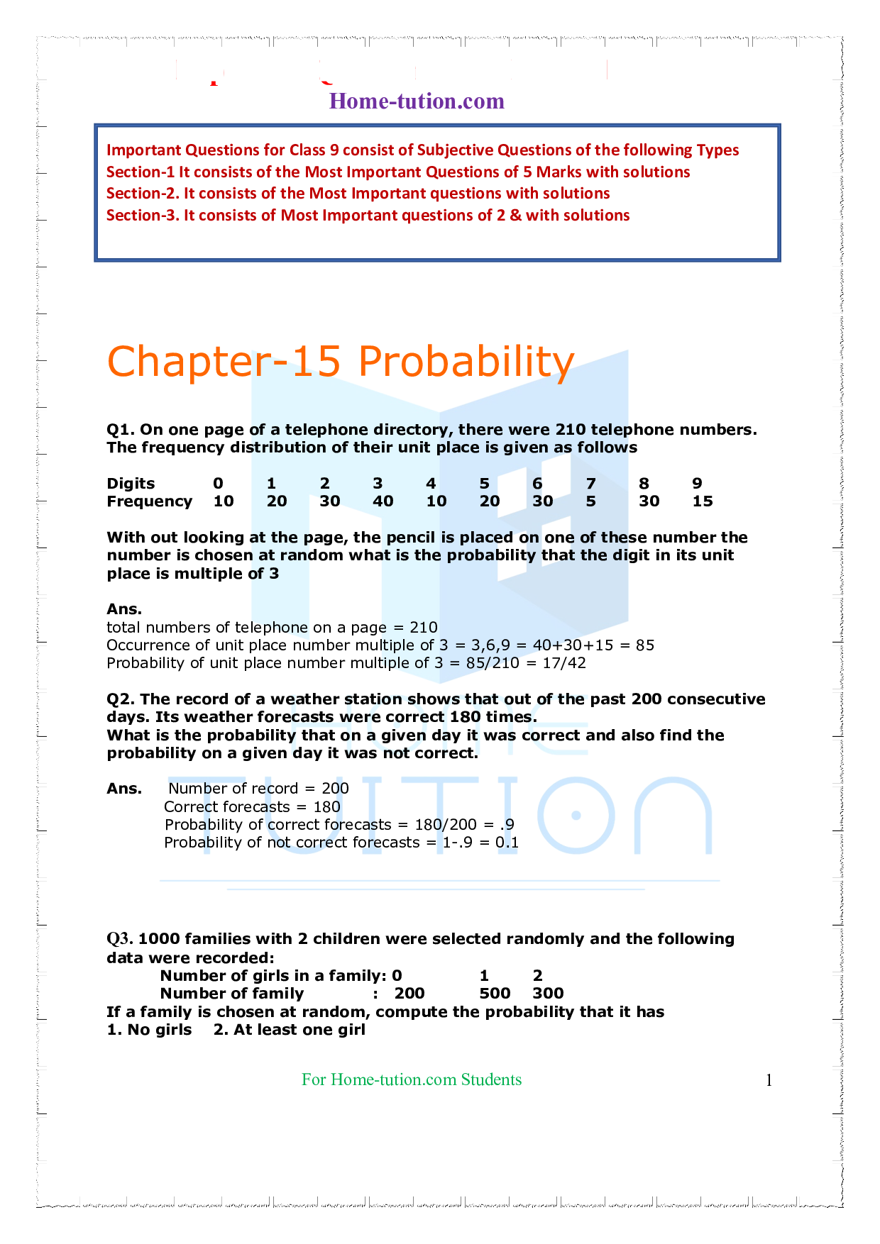 Important Questions For Class 9 Maths Chapter 15 Probability With Solutions