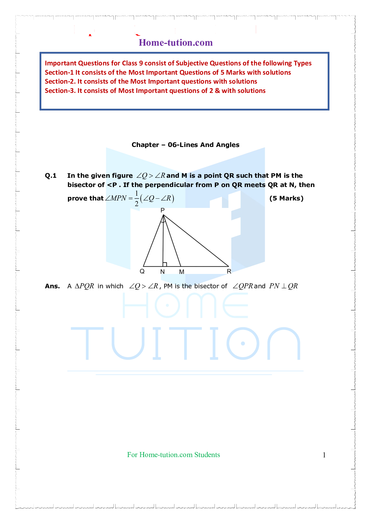 Important Questions For Class 9 Maths Chapter 6 Lines And Angles With
