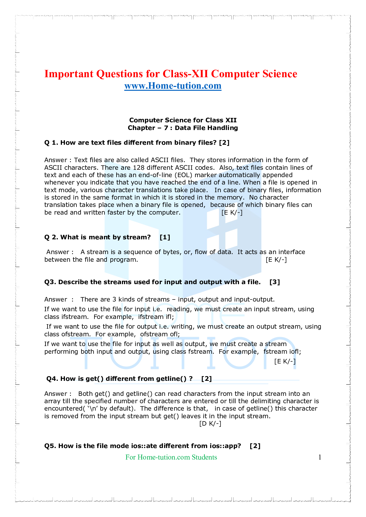 Important Questions For Class 12 Computer Science Chapter Data File