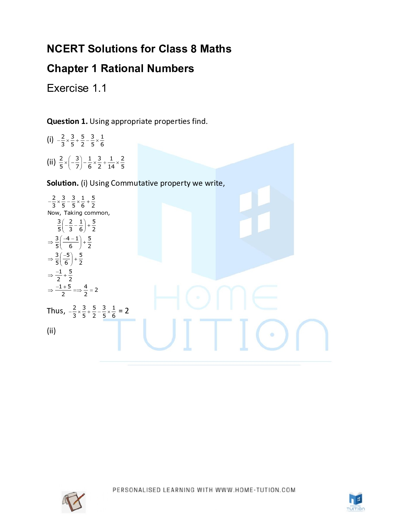 NCERT Solutions For Class 8 Maths Chapter 1 Rational Numbers