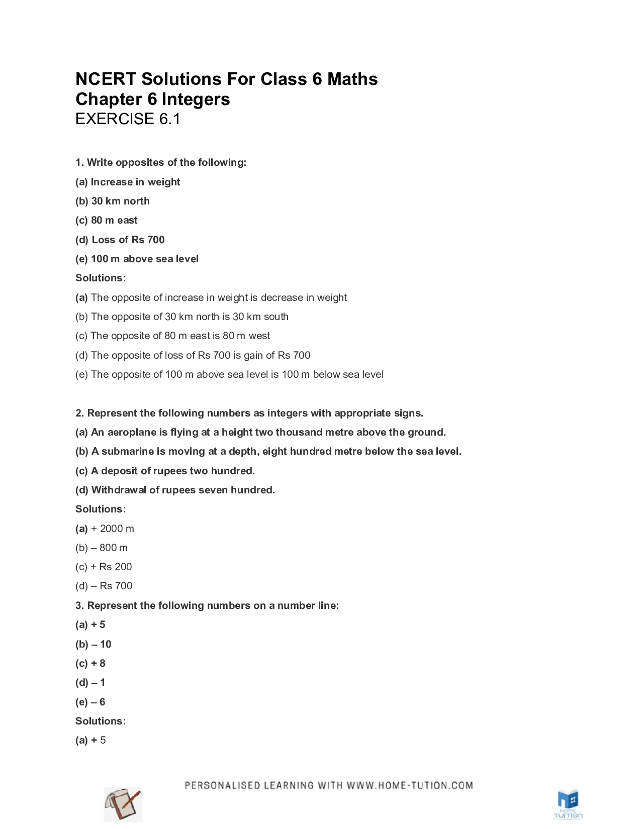 NCERT Solutions For Class 6 Maths Chapter 6 Integers