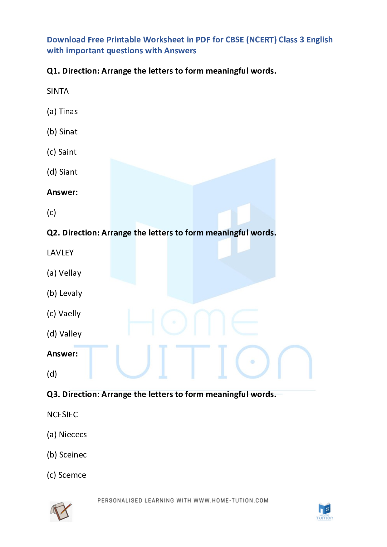 CBSE Class 3 English Jumbled Words And Sentences Worksheet Download