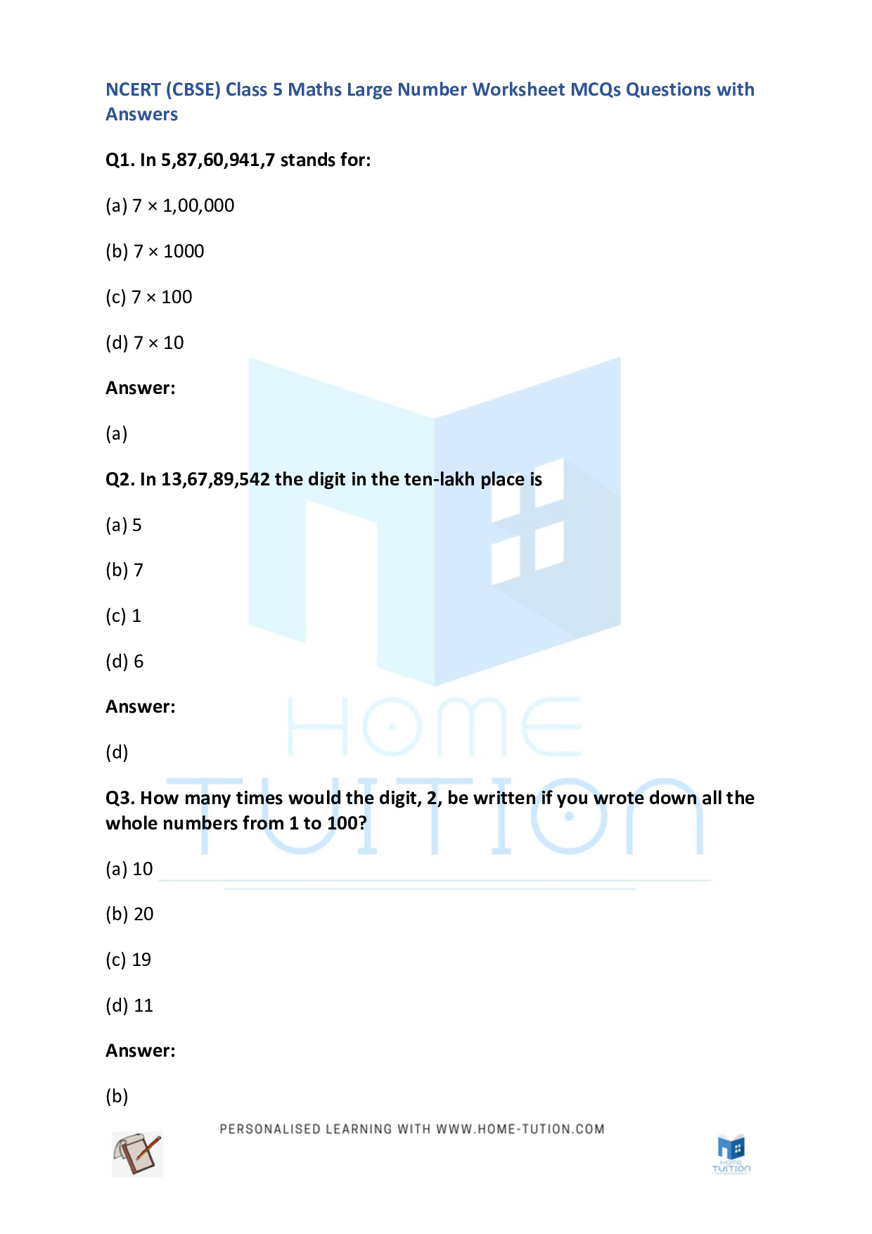 CBSE NCERT Class 5 Maths Large Number Worksheet Free PDF Home Tution