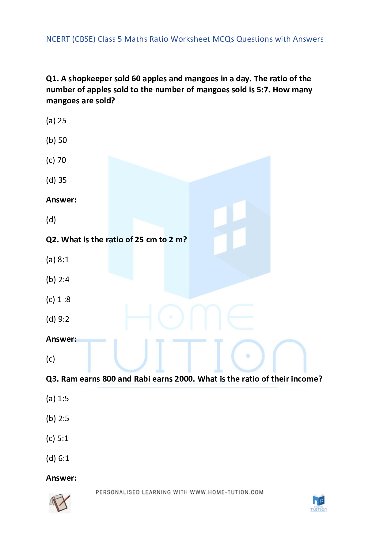 CBSE Class 5 Maths Ratio Worksheet Free PDF Home Tution