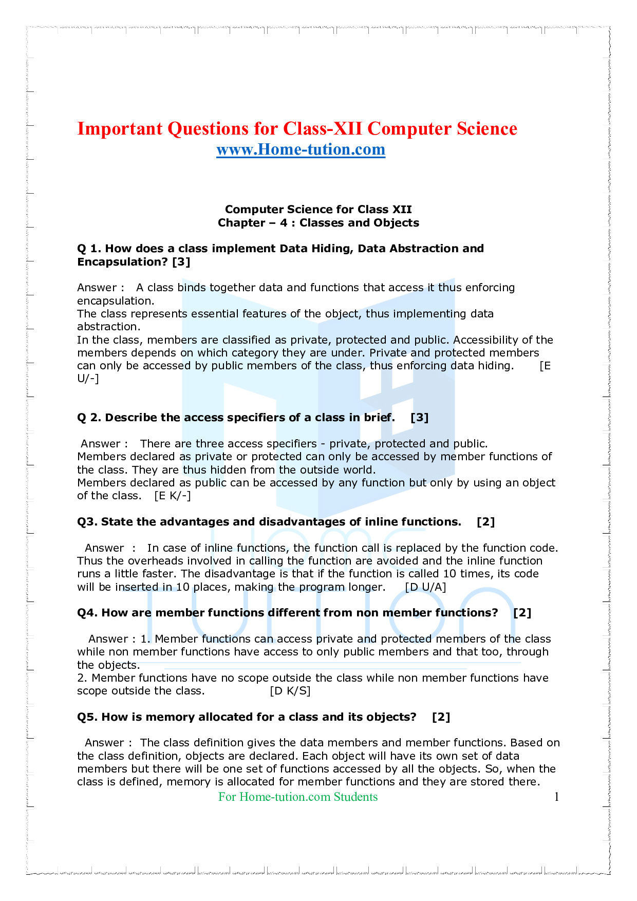 Important Questions For Class 12 Computer Science Chapter Classes And