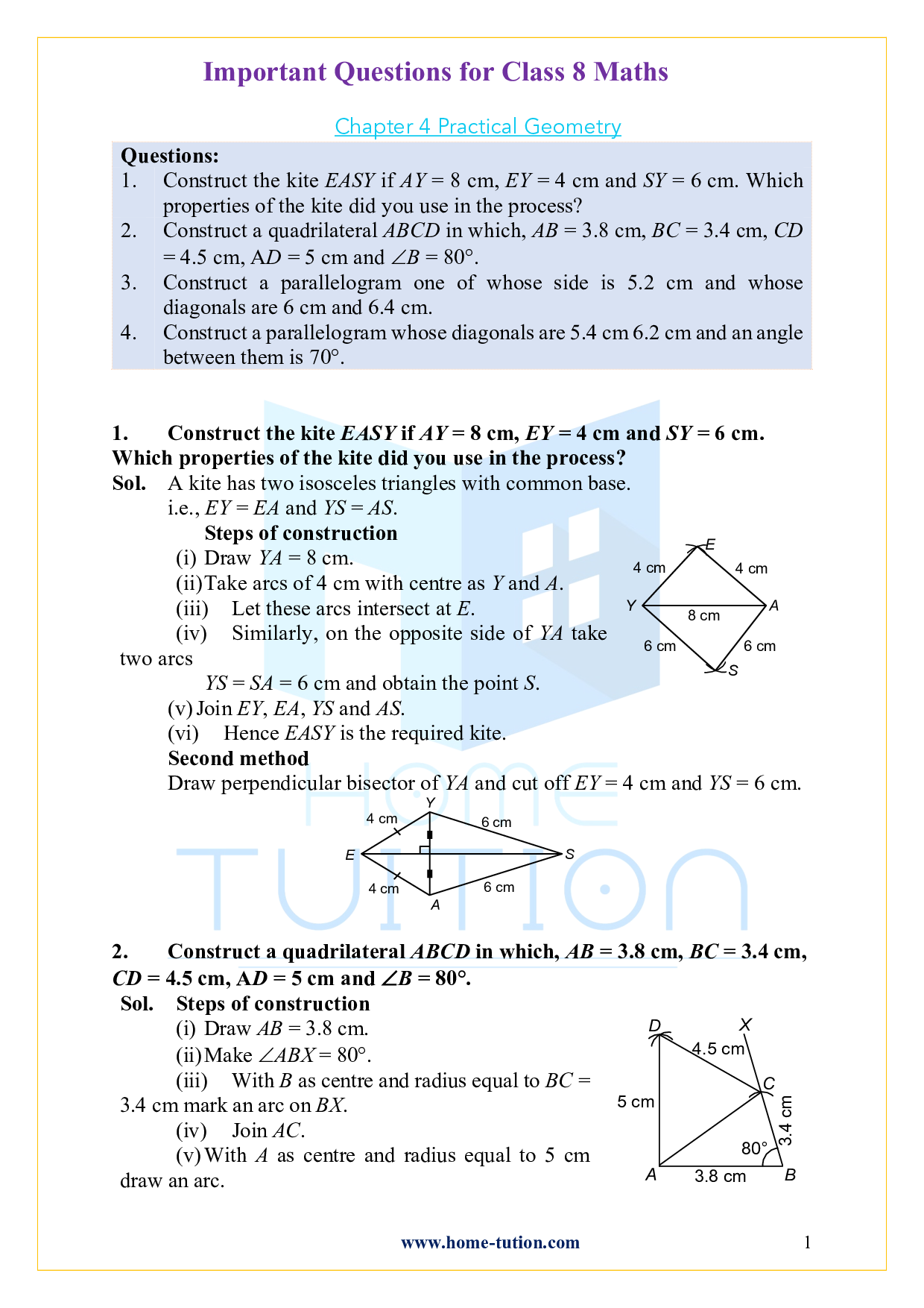 Important Questions For CBSE Class 8 Maths Chapter 4 Practical Geometry