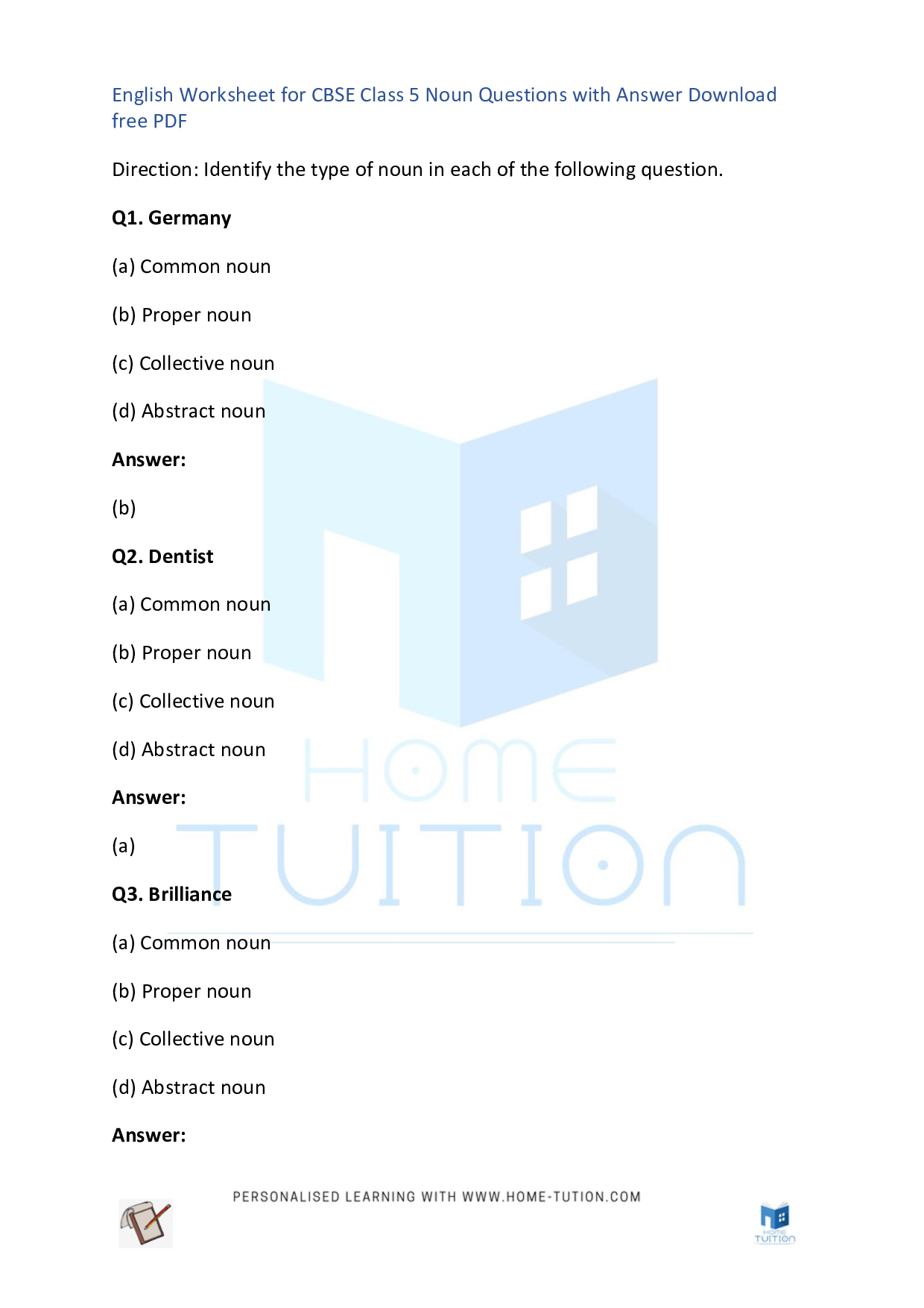 CBSE Worksheet For Class 5 English Noun Free PDF Home Tution