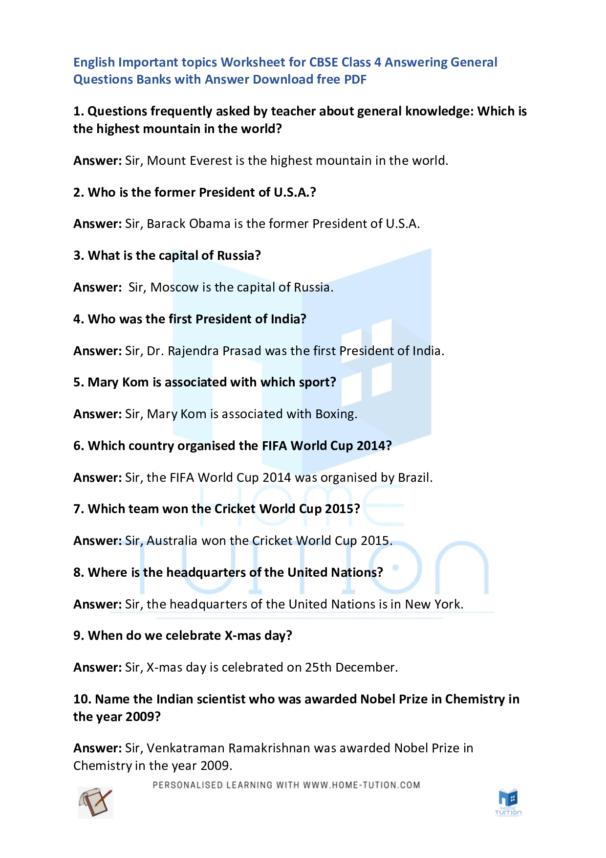 CBSE Worksheet For Class 4 English Answering General Questions Free