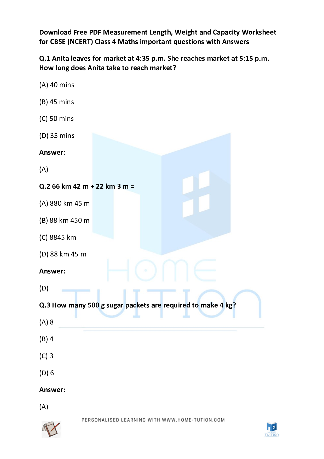 CBSE Class 4 Maths Measurement Length Weight and Capacity Worksheet - Download Free PDF - Home ...