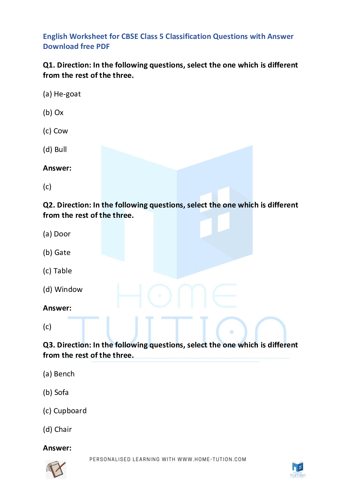 CBSE Worksheet For Class 5 English Classification Free PDF Home Tution