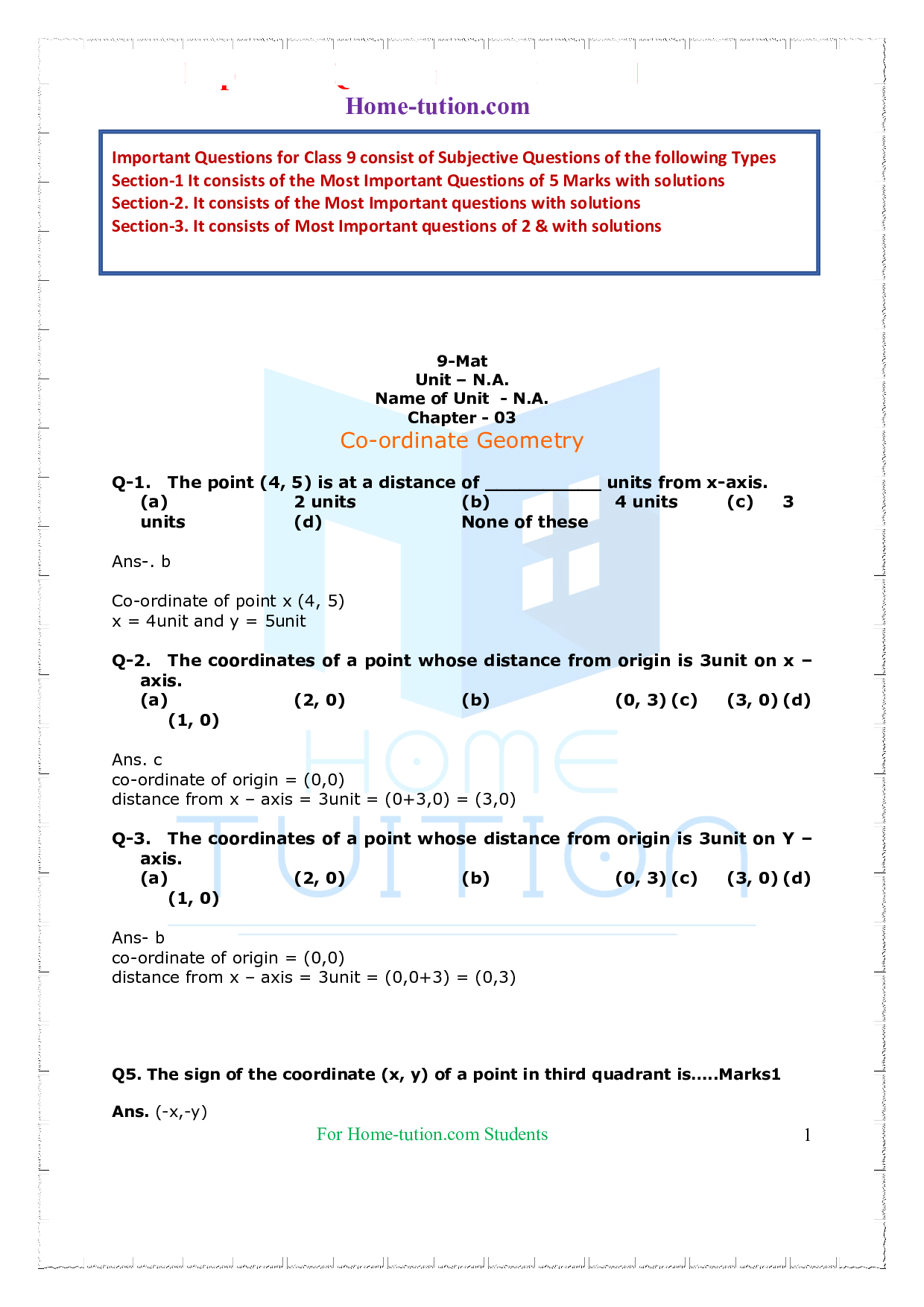 Important Questions For Class 9 Maths Chapter 3 Coordinate Geometry
