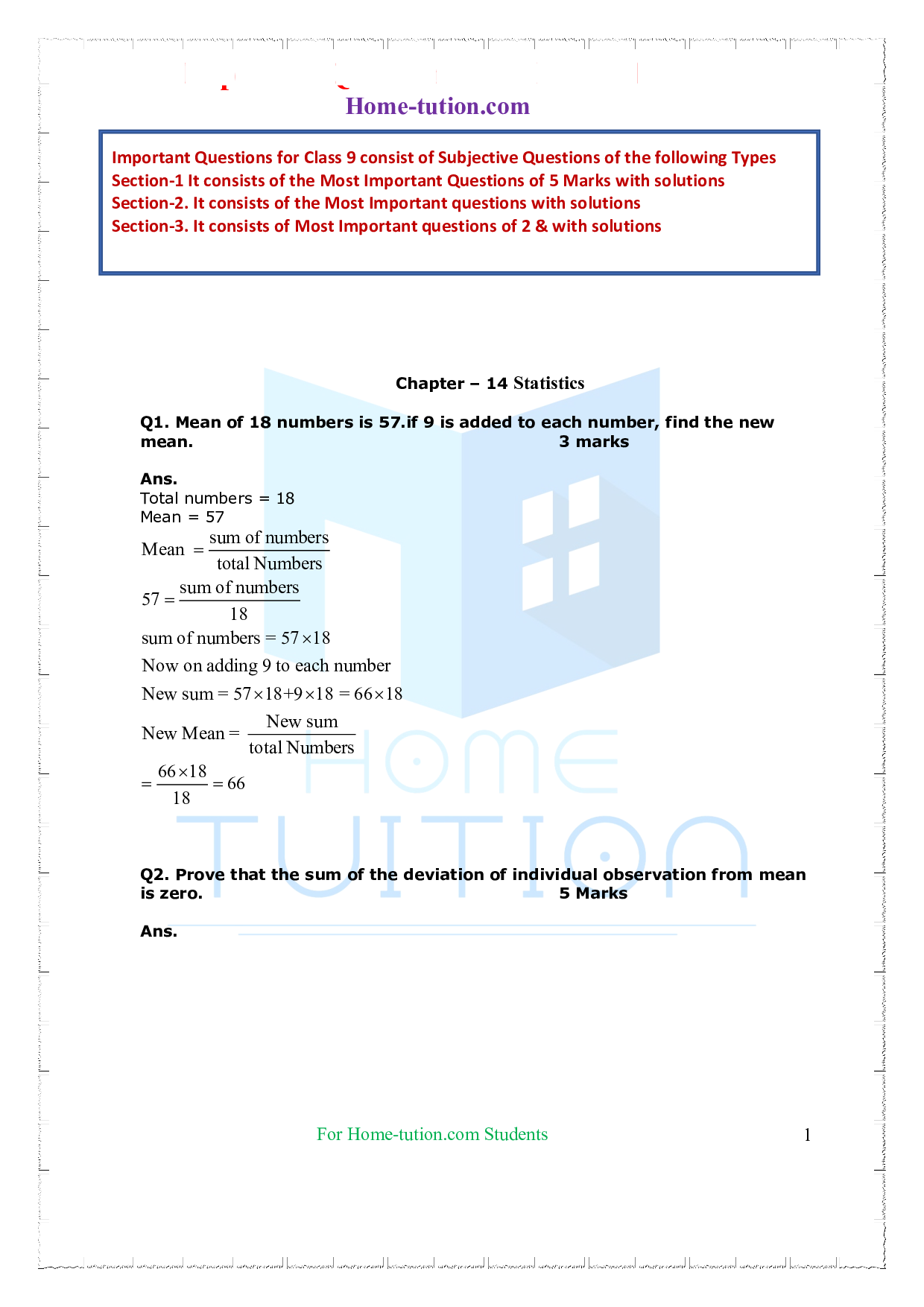 Important Questions For Class 9 Maths Chapter 14 Statistics With Solutions