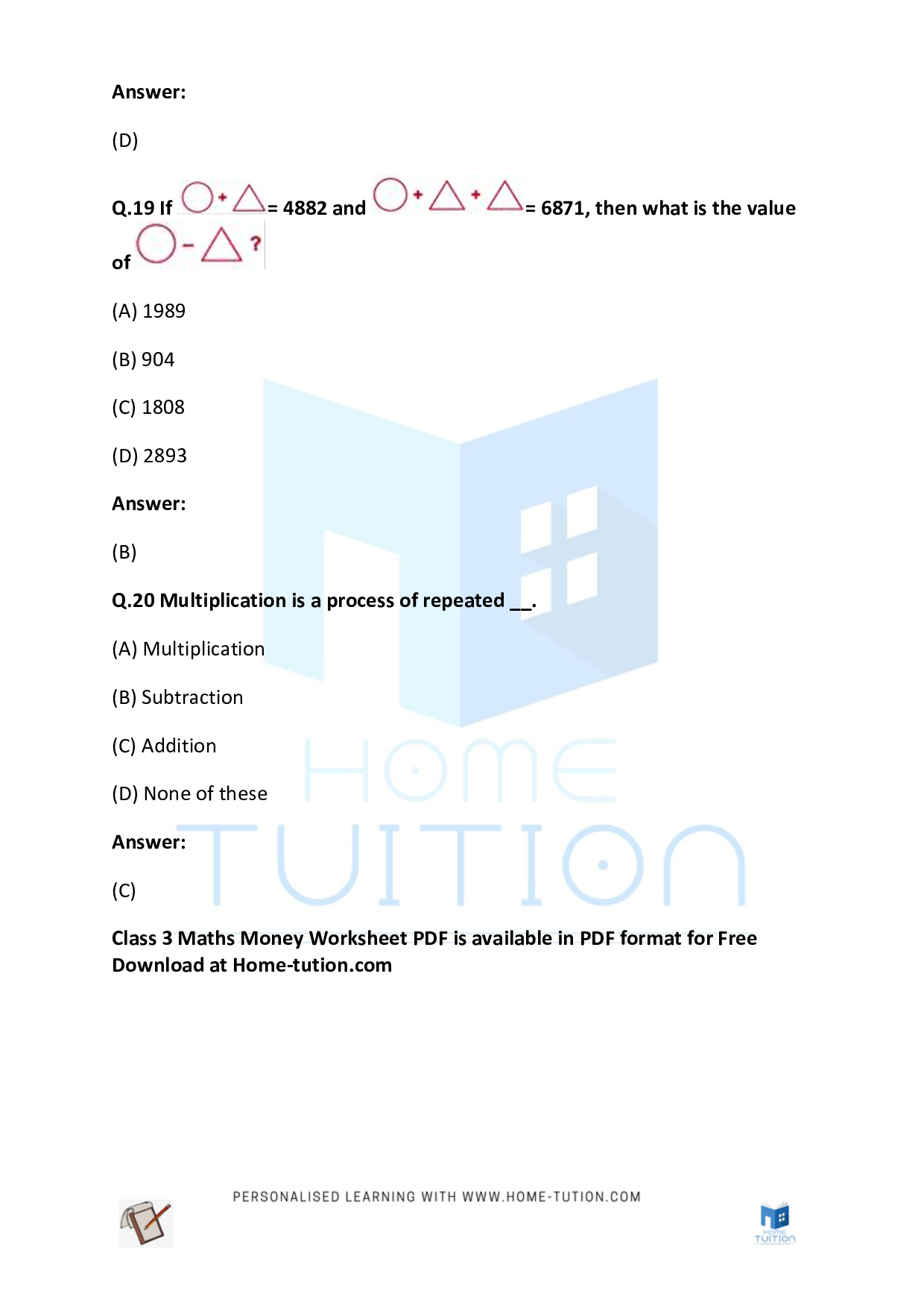 CBSE Class 3 Maths Money Worksheet Free PDF Home Tution