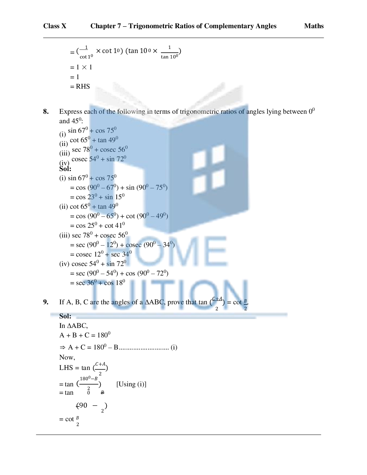 RS Aggarwal Solutions for Class 10 Maths Chapter 7 - Trigonometric ...