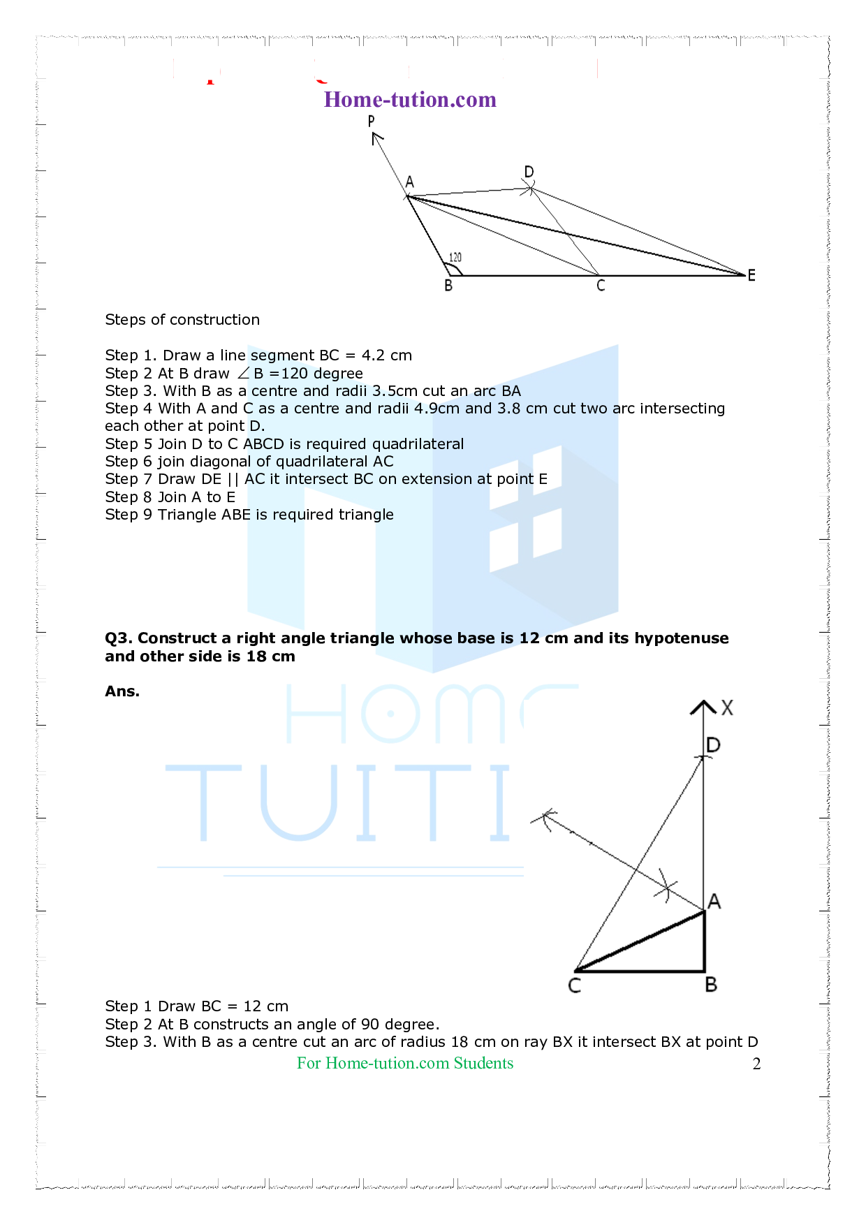 Important Questions For Class 9 Maths Chapter 11 Constructions With