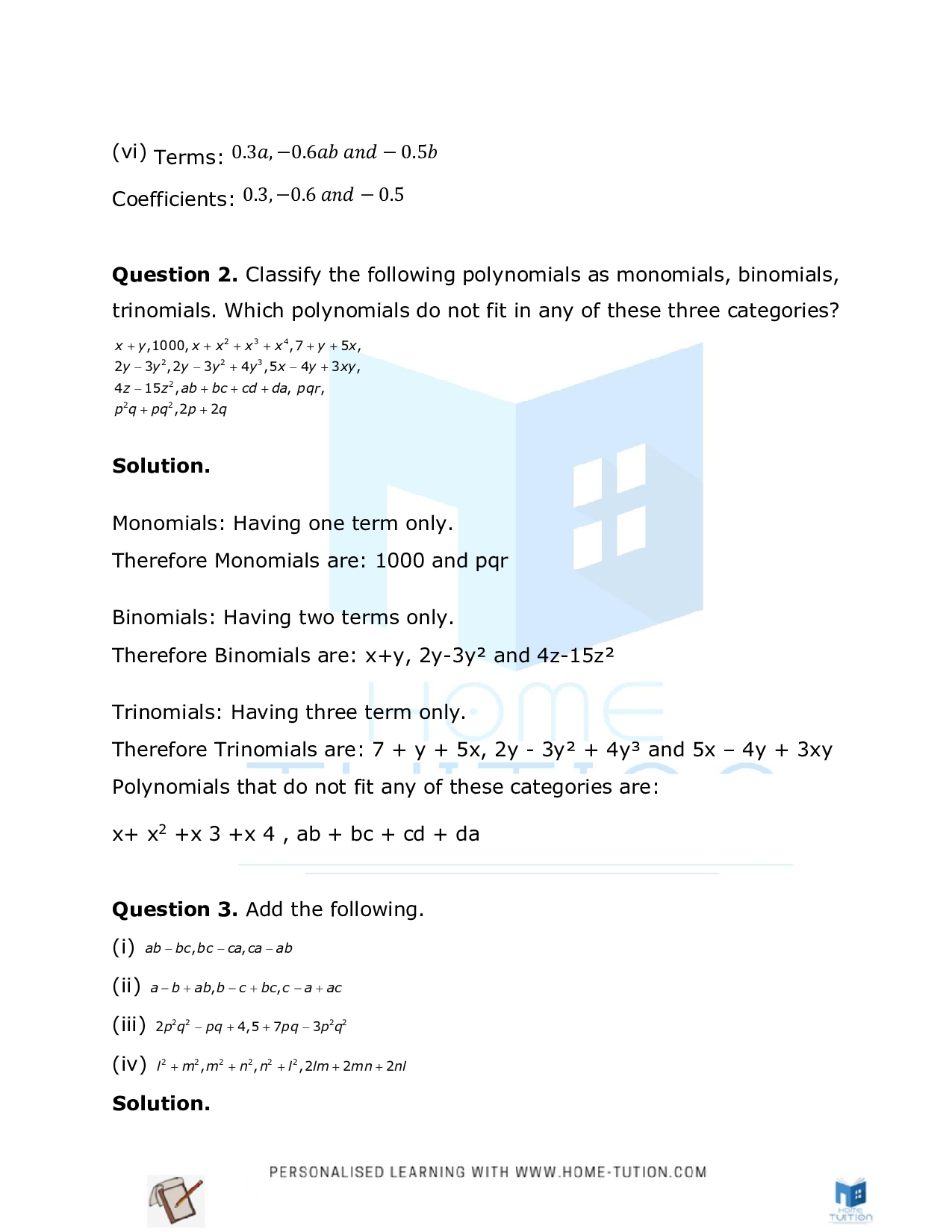 NCERT Solutions For Class 8 Maths Chapter 9 Algebraic Expressions And