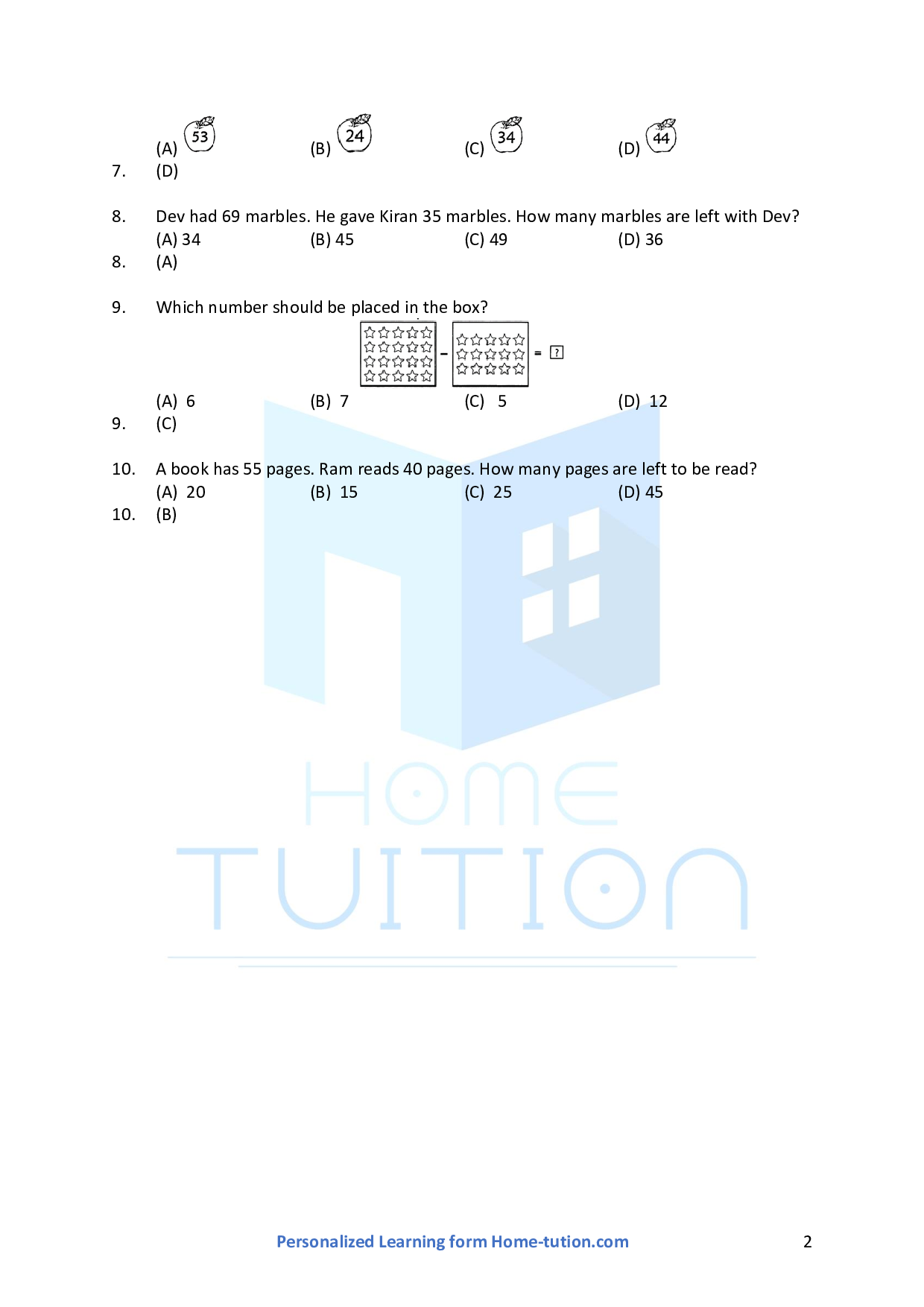 CBSE Class 1 Maths Chapter 4 Subtraction Worksheet Home Tution