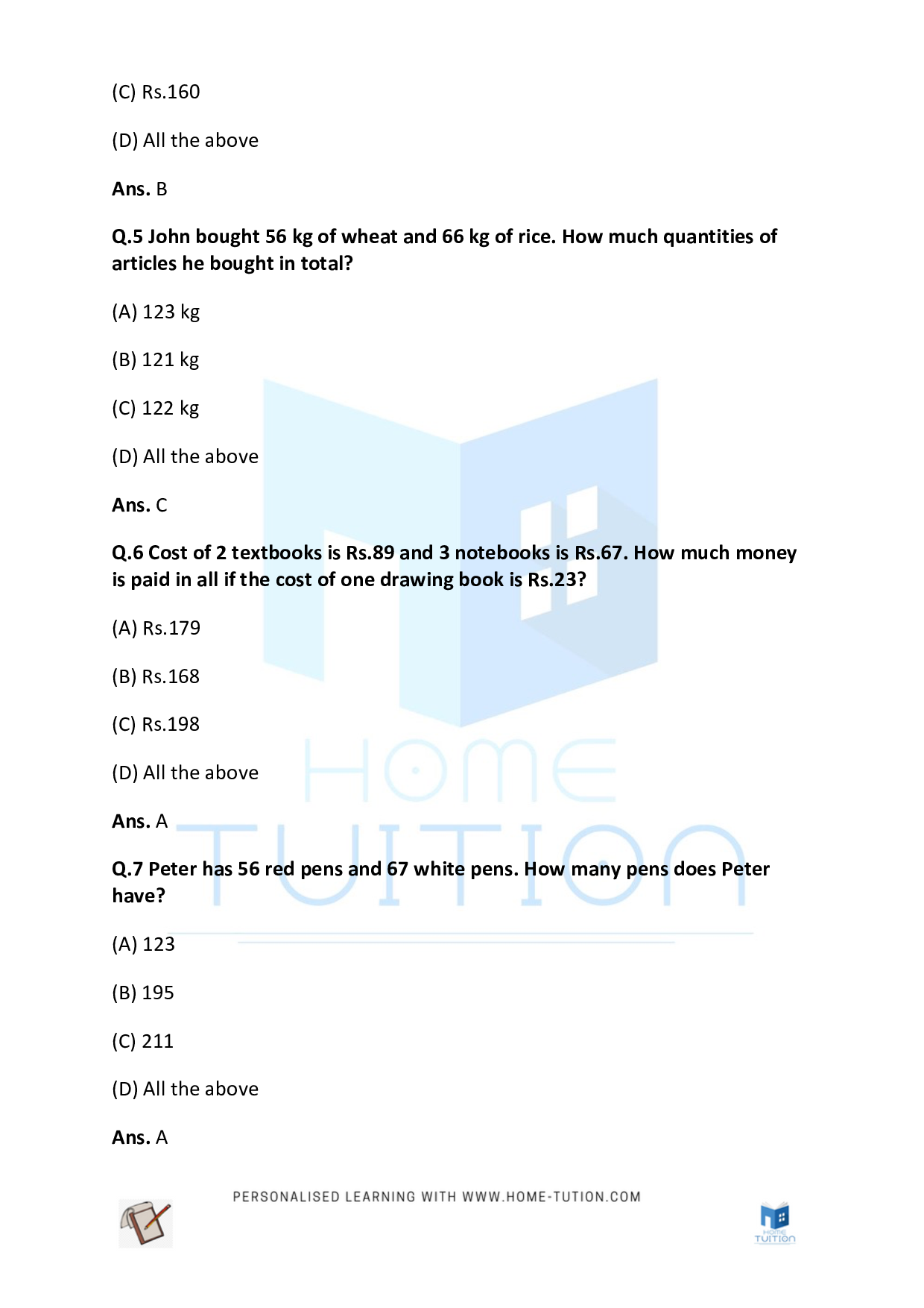 CBSE Printable PDF For Class 2 Addition Worksheets Home Tution