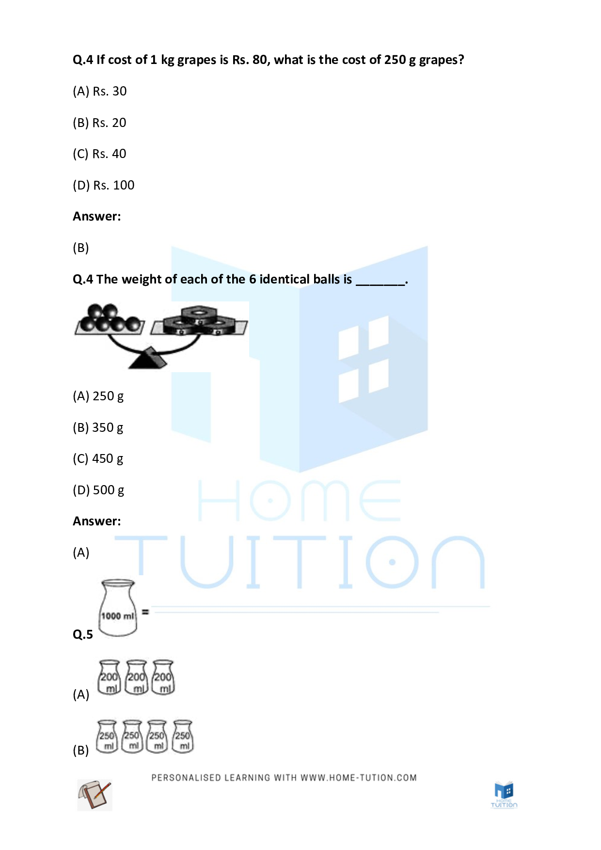 CBSE Class 4 Maths Measurement Length Weight and Capacity Worksheet ...