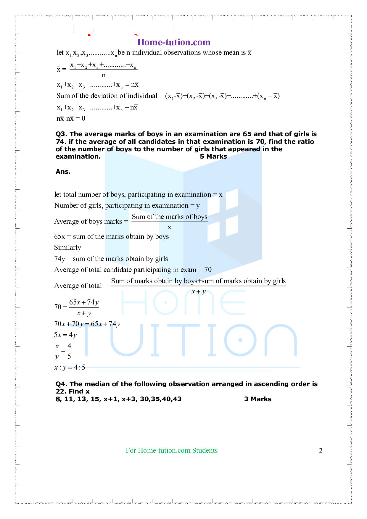 Important Questions For Class 9 Maths Chapter 14 Statistics With Solutions