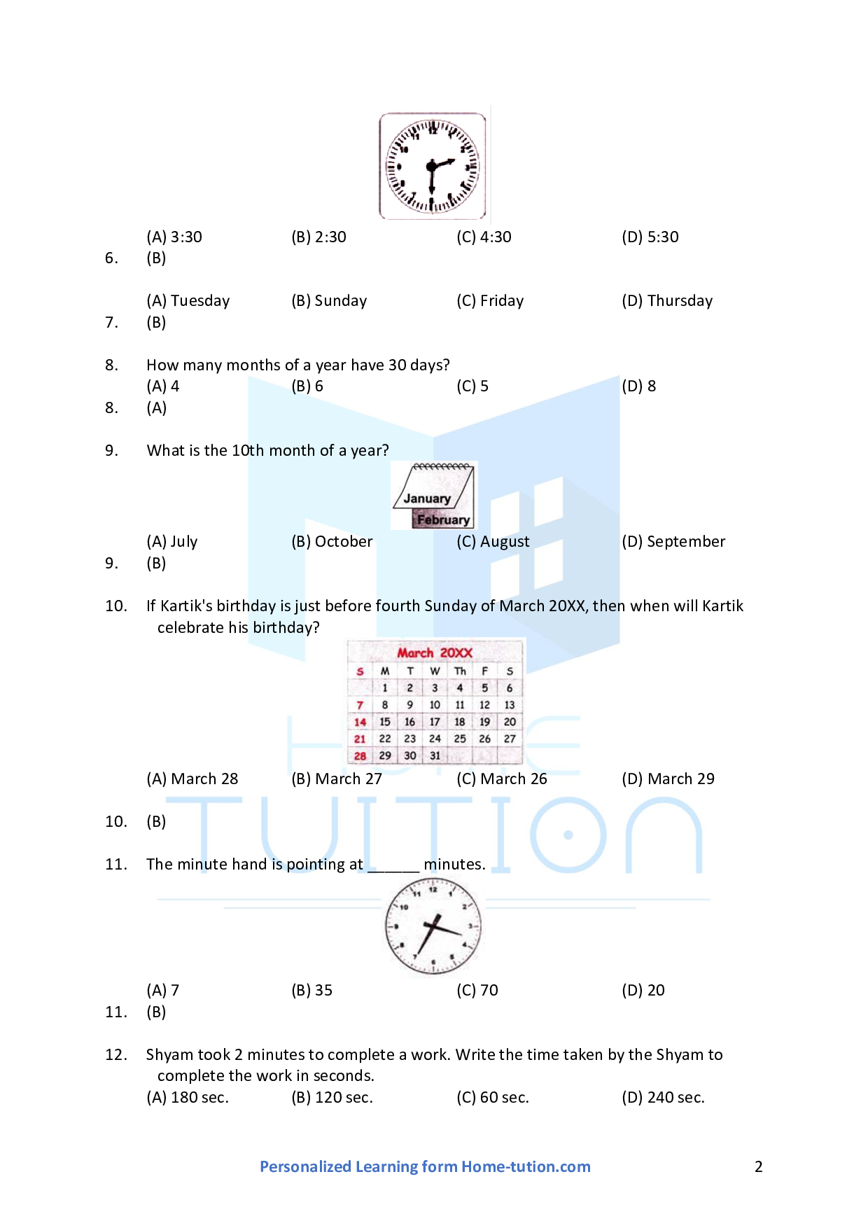 CBSE Class 1 Maths Chapter 6 Time Calendar Worksheet Home Tution