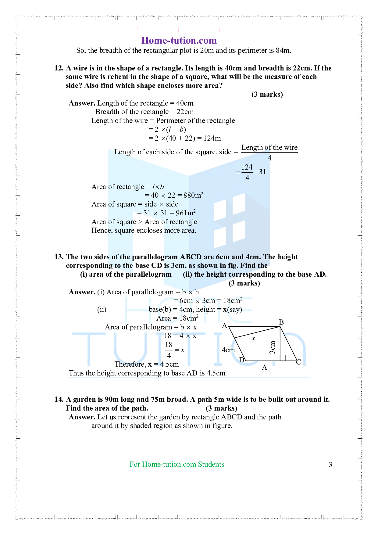 Extra Subjective Questions Worksheet For CBSE Class 7 Maths Chapter 11