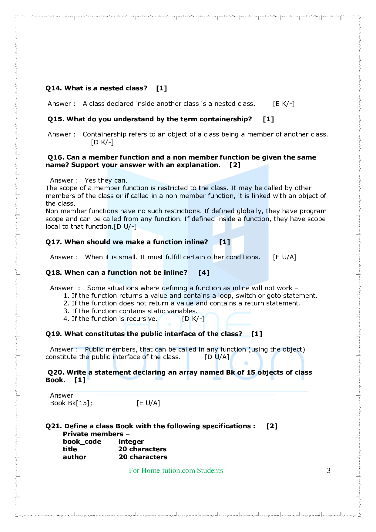 Important Questions For Class 12 Computer Science Chapter Classes And