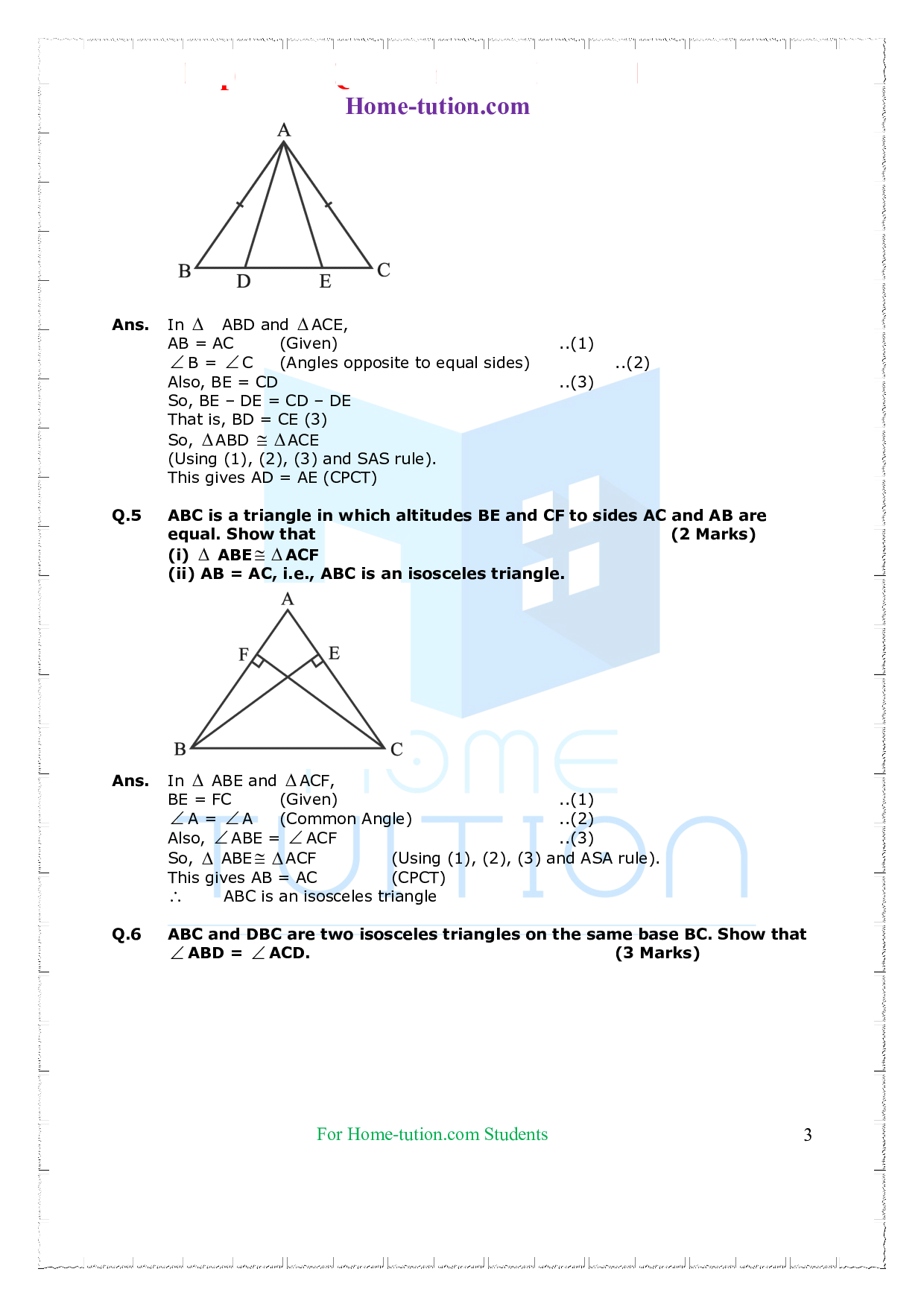 Important Questions For Class 9 Maths Chapter 7 Triangles With Solutions
