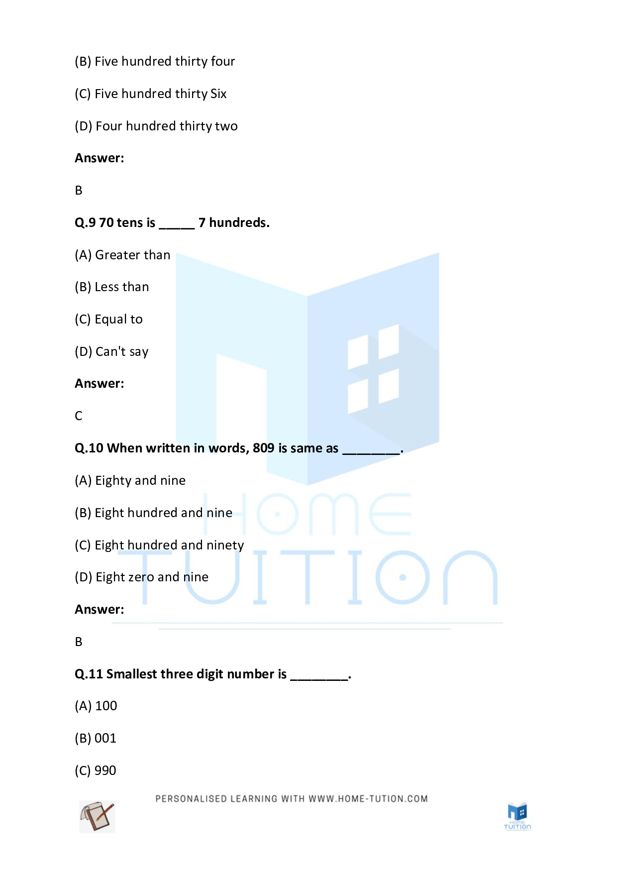 CBSE Printable PDF For Class 2 Maths Numbers Worksheets Home Tution