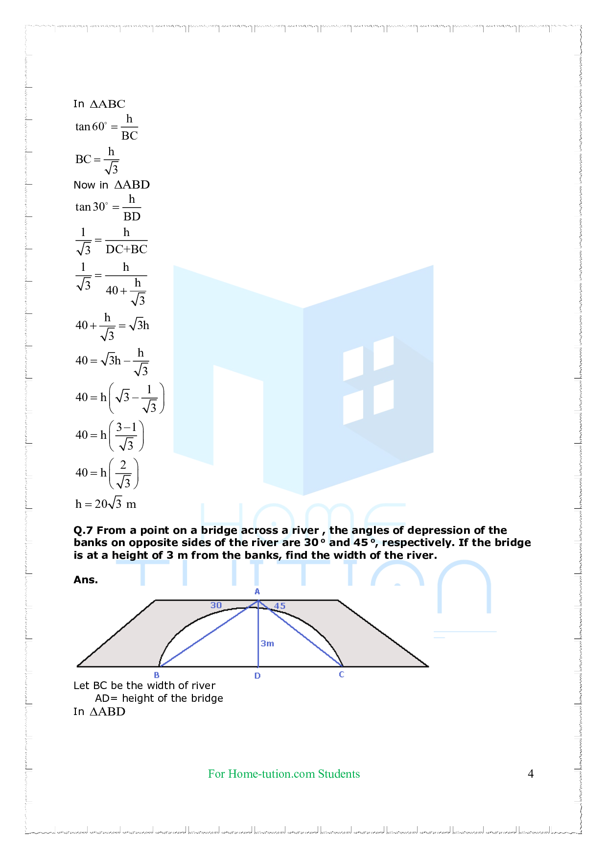 Important Questions For Class 10 Maths Chapter 9 Some Applications Of