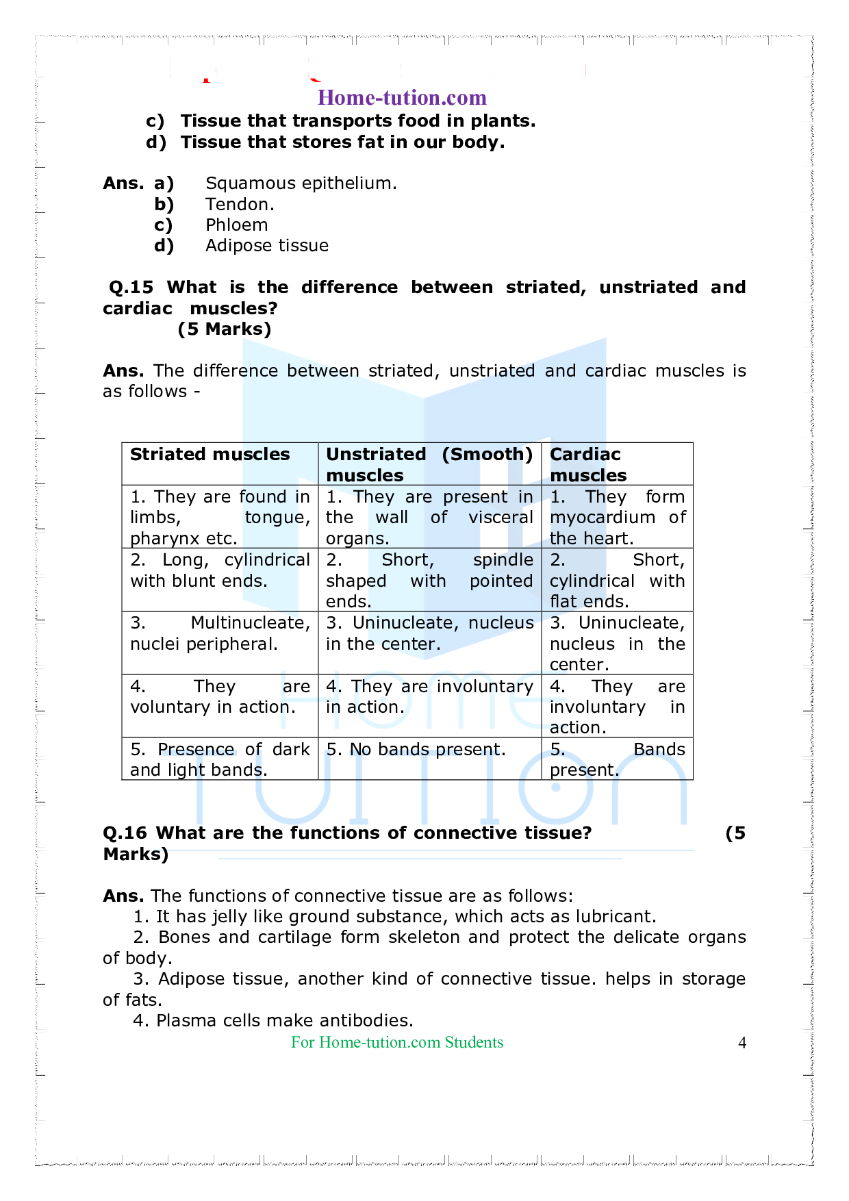 Important Questions For Class 9 Science Chapter 6 Tissues With Solutions