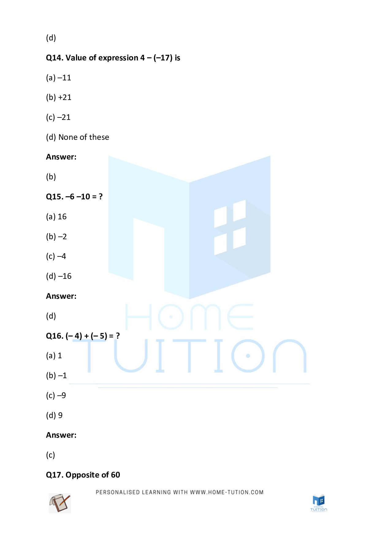 CBSE Class 5 Maths Integers Worksheet Free PDF Home Tution