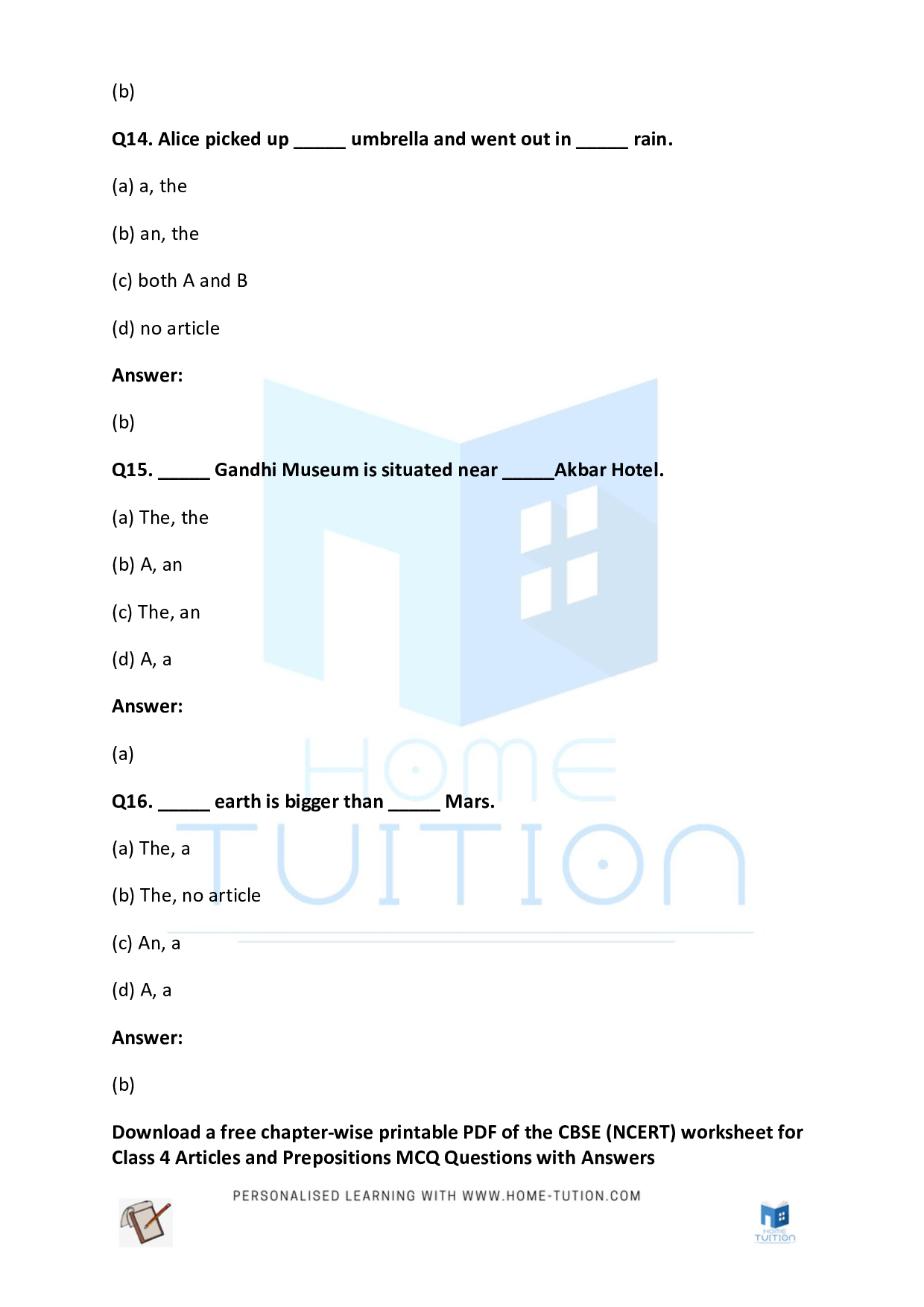 CBSE Worksheet For Class 4 English Articles And Prepositions Free PDF