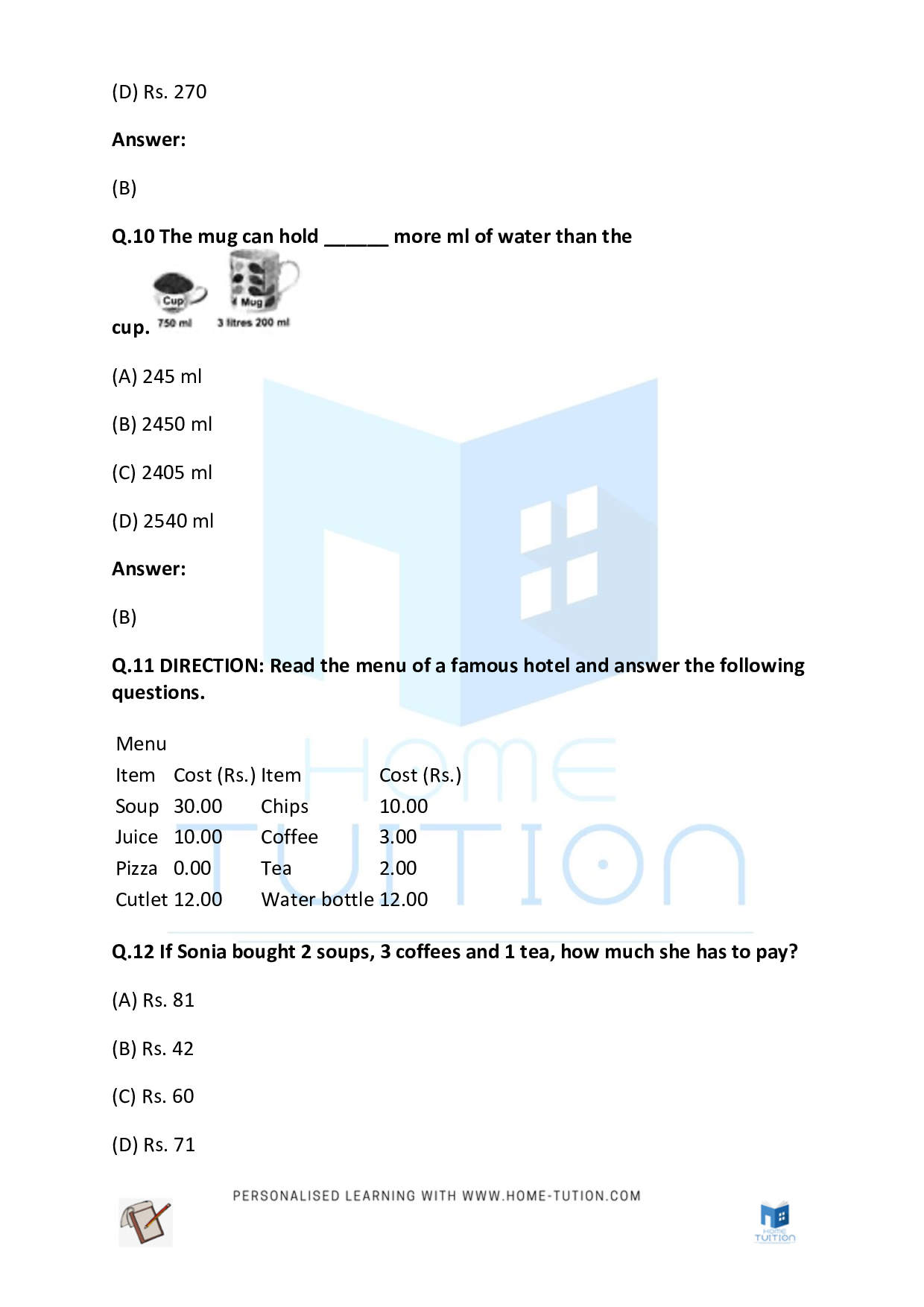 CBSE Class 4 Maths Measurement Length Weight and Capacity Worksheet ...