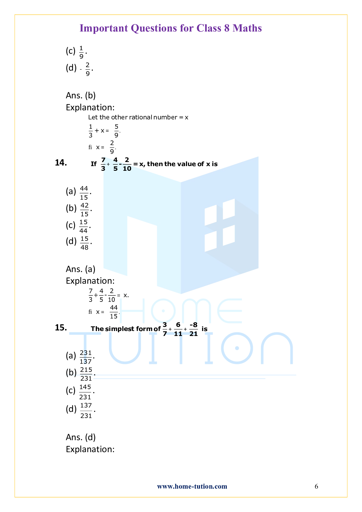 Important Questions For CBSE Class 8 Maths Chapter 1 Rational Numbers
