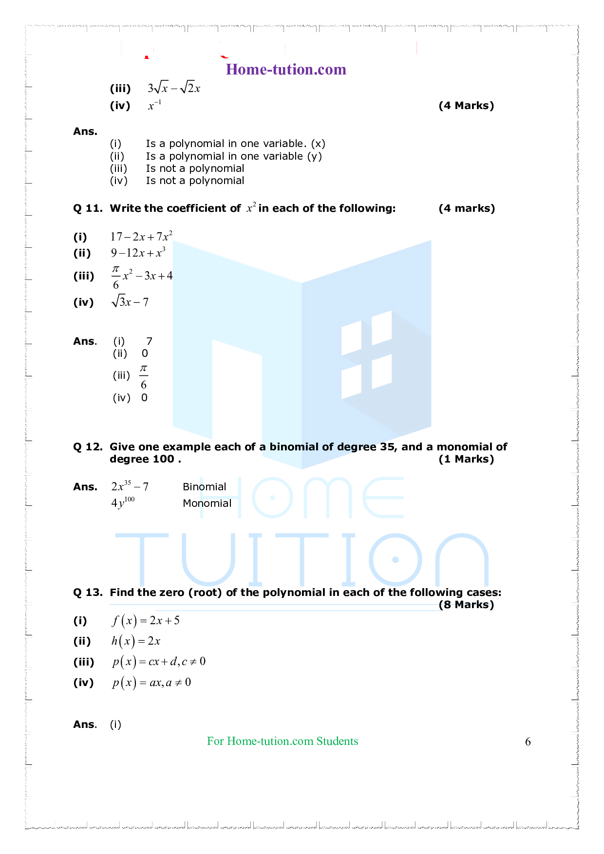 Important Questions For Class 9 Maths Chapter 2 Polynomials With Solutions