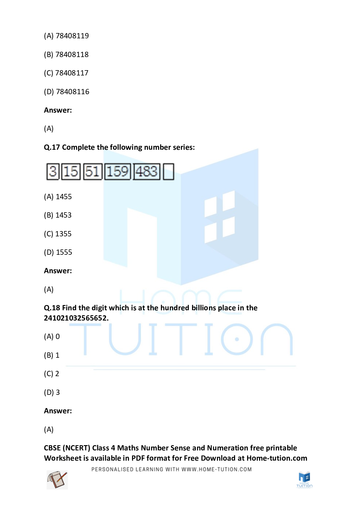 CBSE Class 4 Maths Addition And Subtractiion Worksheet Download Free