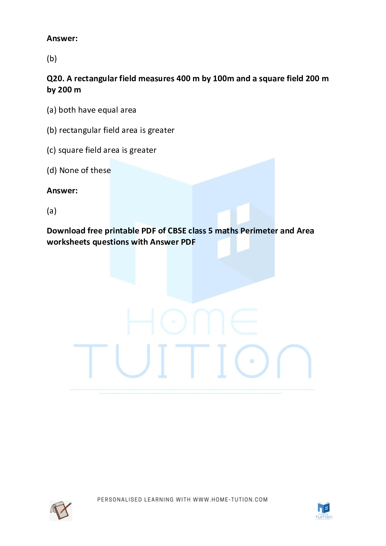 CBSE Class 5 Maths Perimeter And Area Worksheet Free PDF Home Tution