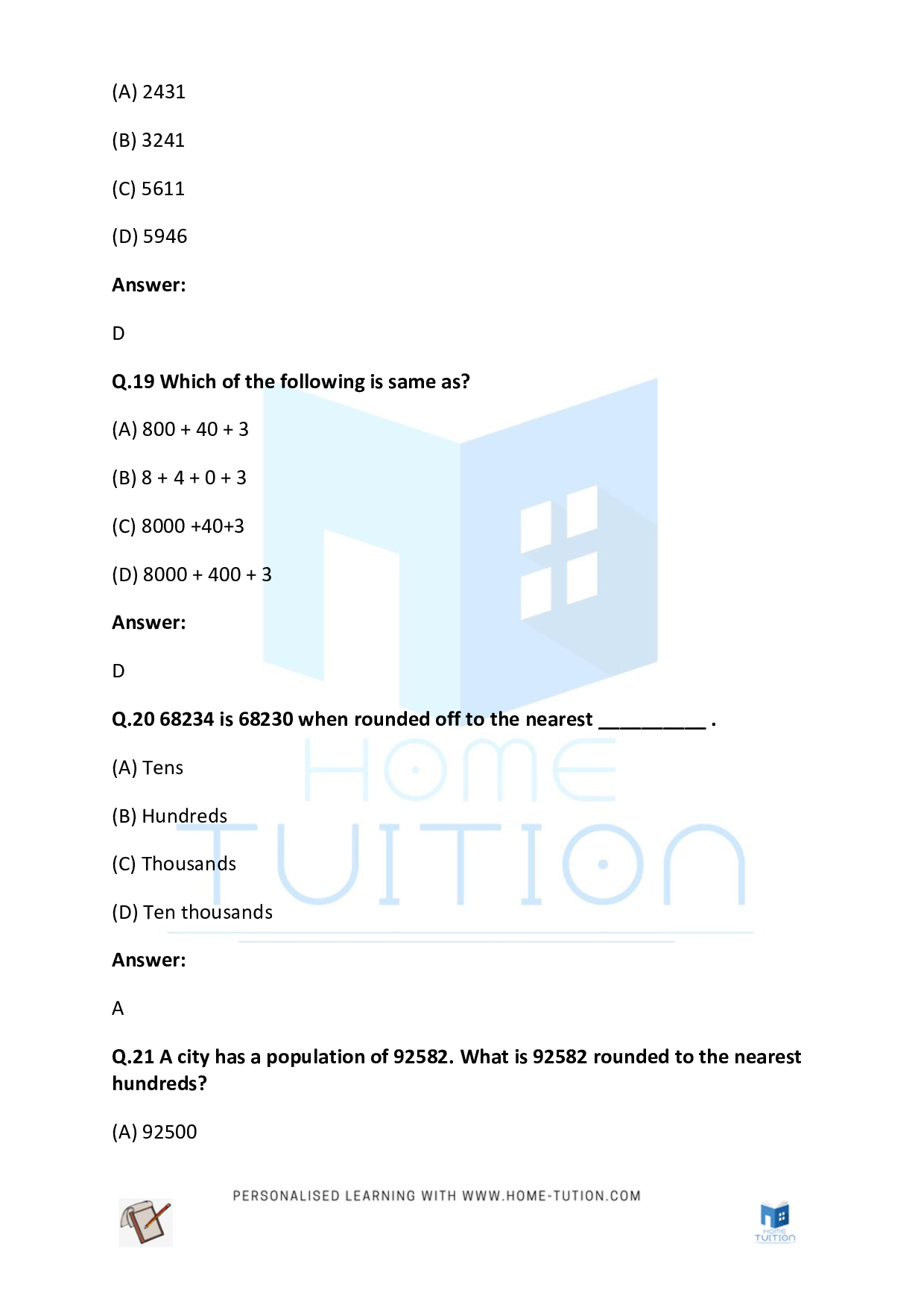 CBSE Class 4 Maths Numbers Worksheet Download Free PDF Home Tution