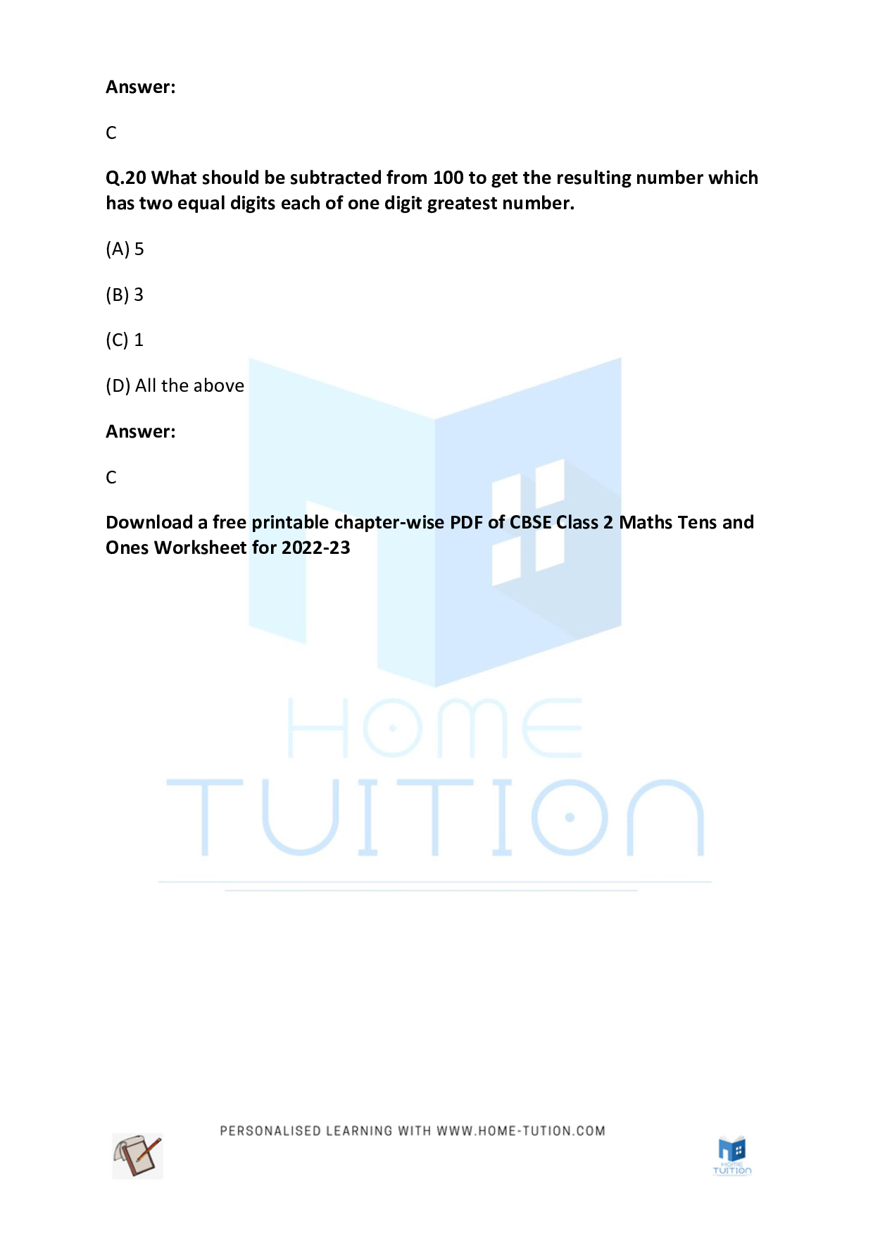 CBSE Printable PDF For Class 2 Maths Tens And Ones Worksheets Home Tution