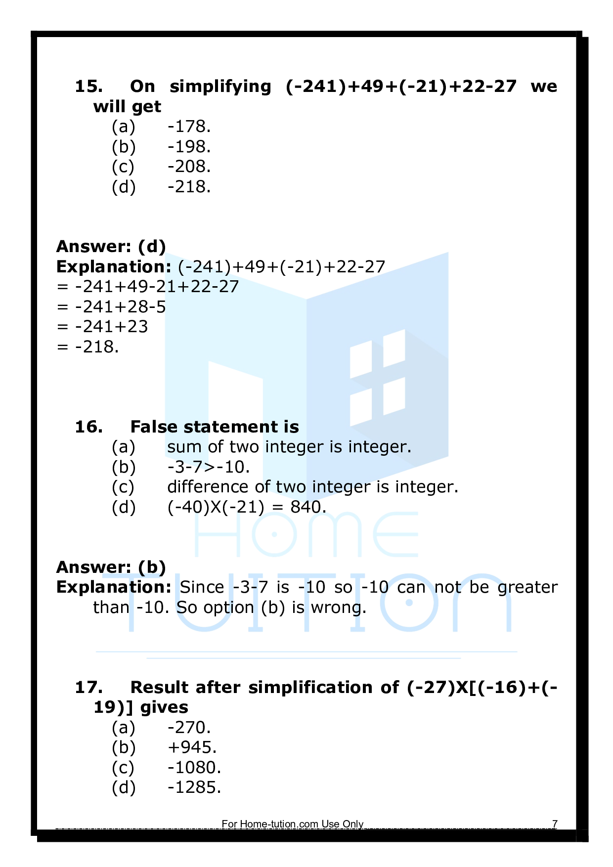 Extra Questions Solutions For Chapter 6 Integers Class 6 Maths
