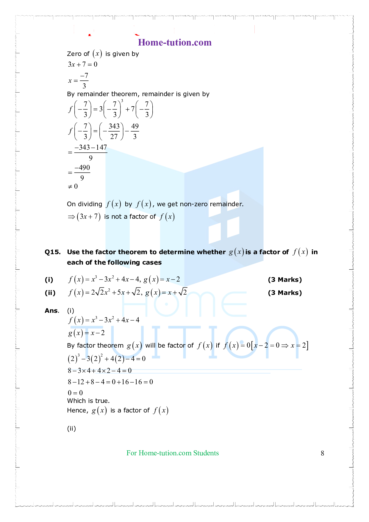 Important Questions For Class 9 Maths Chapter 2 Polynomials With Solutions