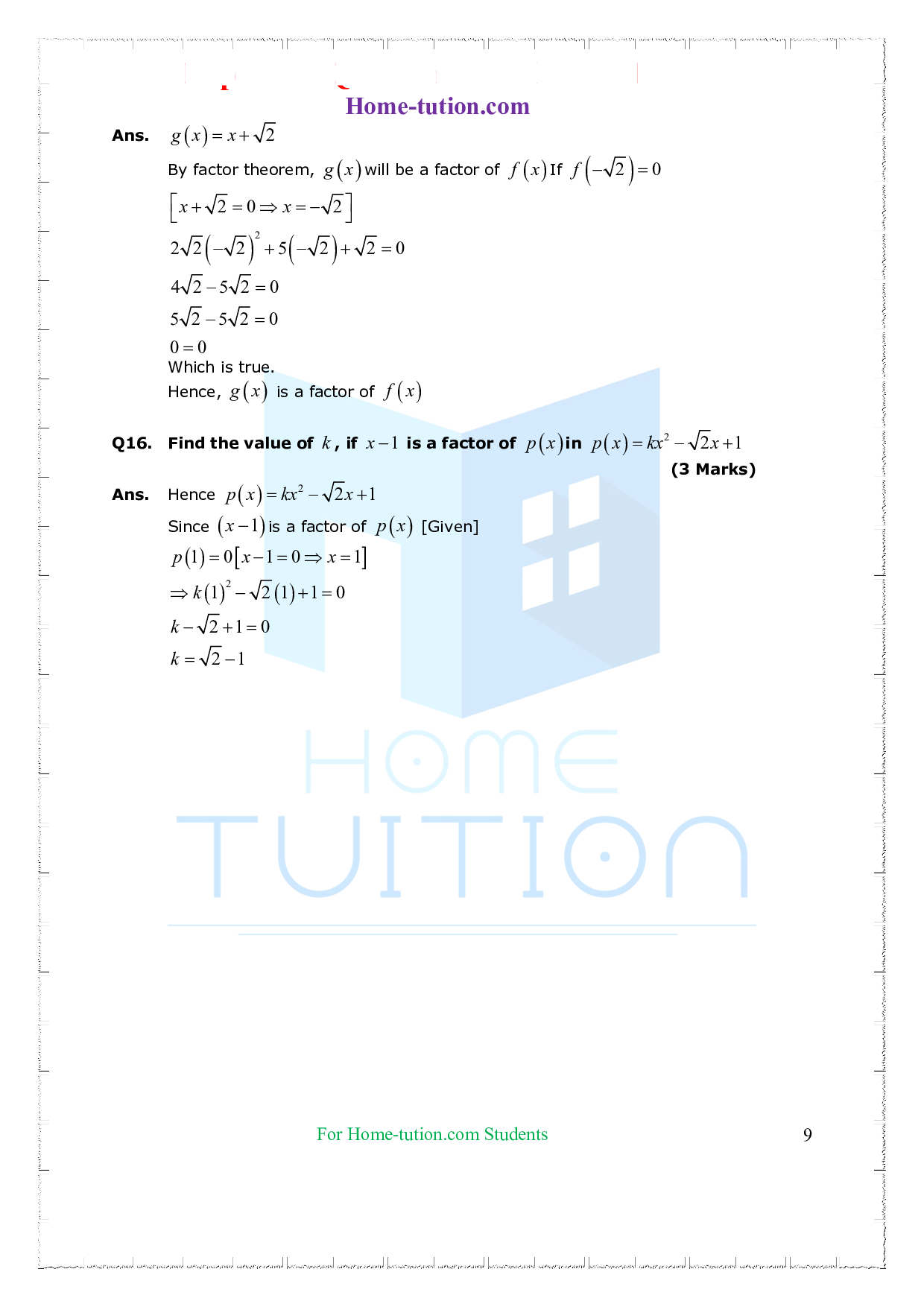 Important Questions For Class 9 Maths Chapter 2 Polynomials With Solutions