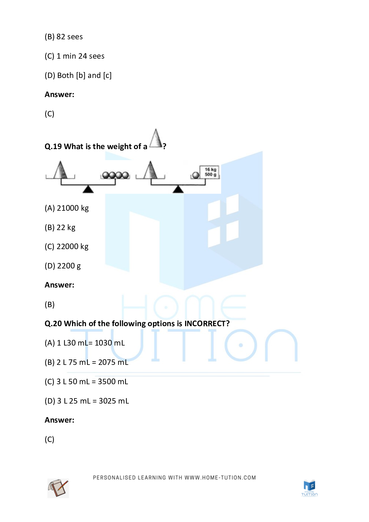 CBSE Class 4 Maths Measurement Length Weight and Capacity Worksheet ...