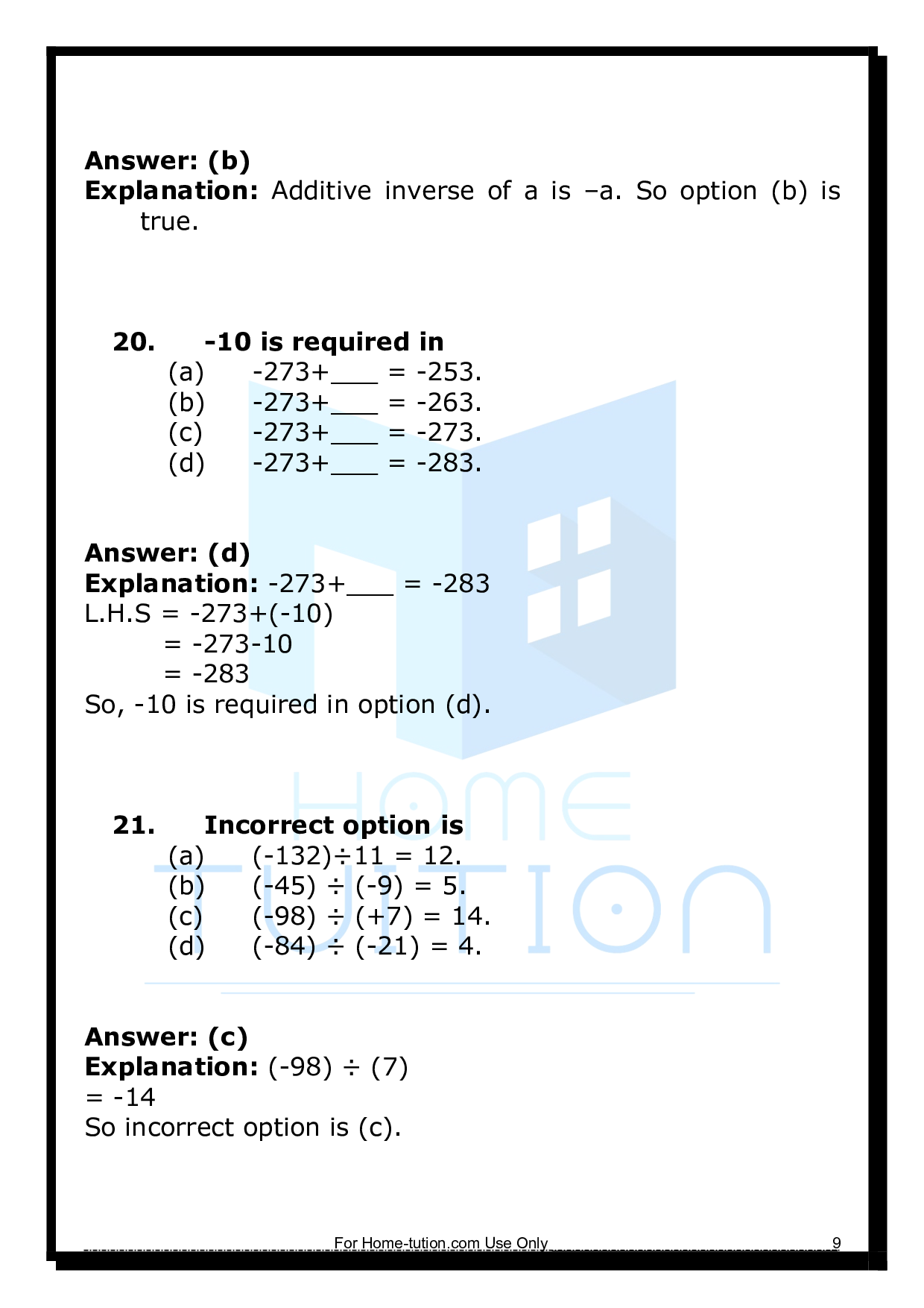 Extra Questions Solutions For Chapter 6 Integers Class 6 Maths